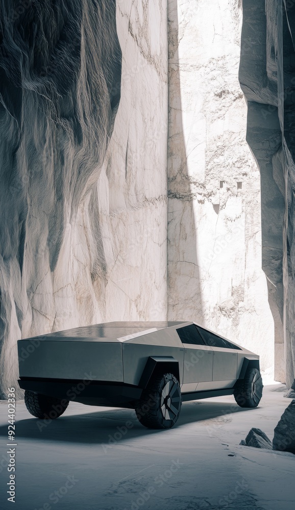 Electric cybertruck parked inside a quarry of white Italian marble ...
