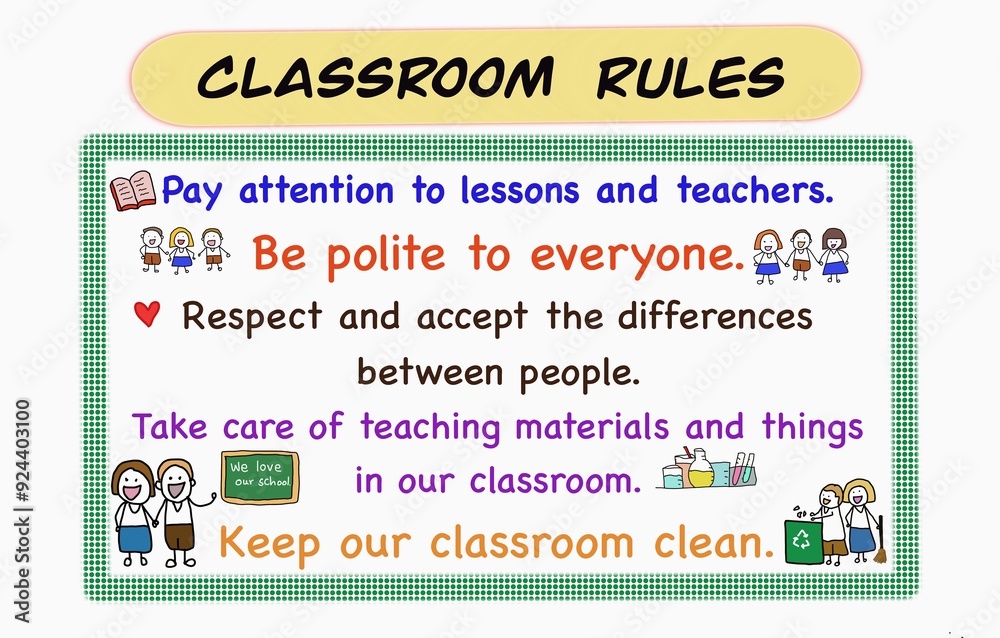 Hand drawn picture of Classroom rules, decorated with cute cartoons ...