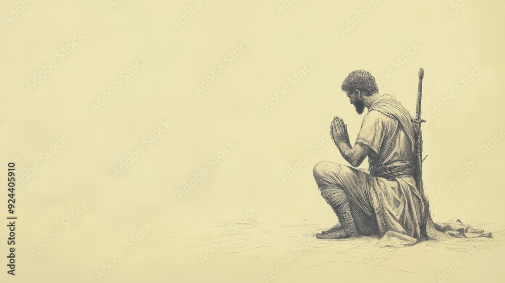 Deuteronomy's Battle Prayer: Israelite warrior praying alone before ...