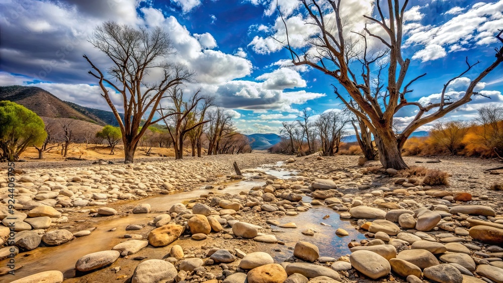Dry riverbed with rocky surface and dead trees , barren, desolate ...