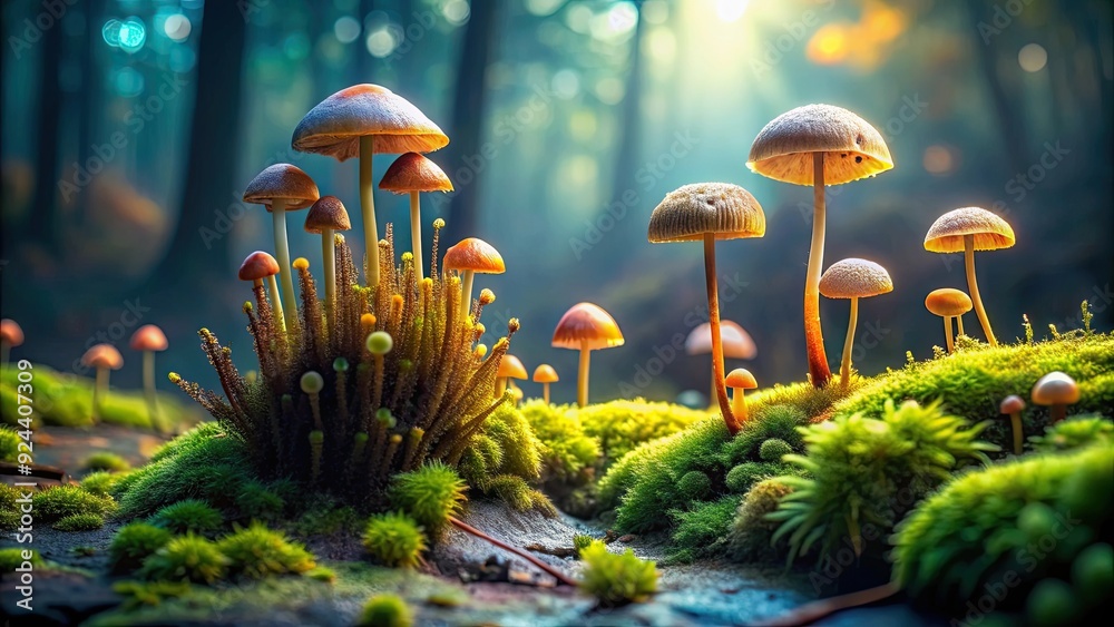 Ultrarealistic macro view of moss and fungi decaying, nature, close-up ...