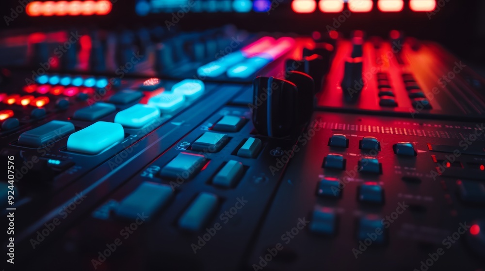 Empty control room filled with buttons and sliders used for recording ...
