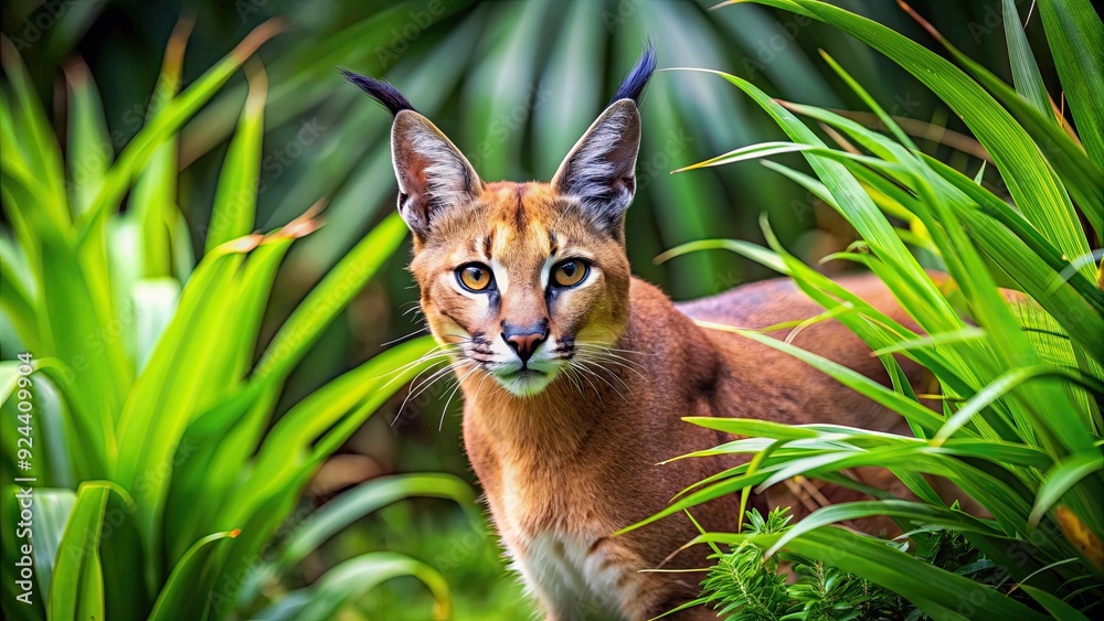 Caracal cat stealthily moving through lush jungle habitat, caracal, cat ...