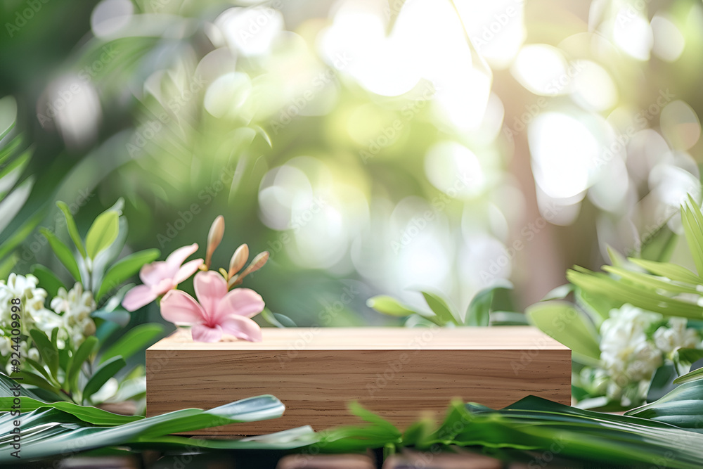 Golden singing bowl, mallet and flower on wooden table outdoors, Cape ...