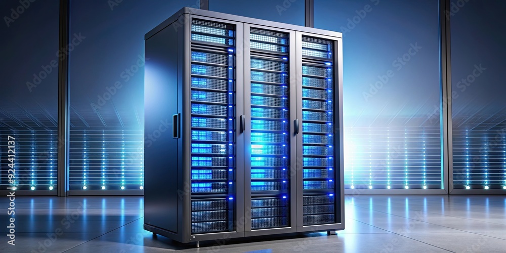 Futuristic server rack with sleek design and advanced technology, rendering, server room, data ...