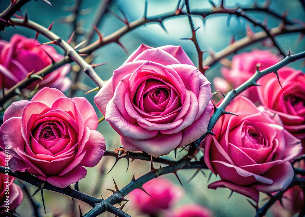 Delicate pink roses bloom amidst tangled stems covered in sharp ...