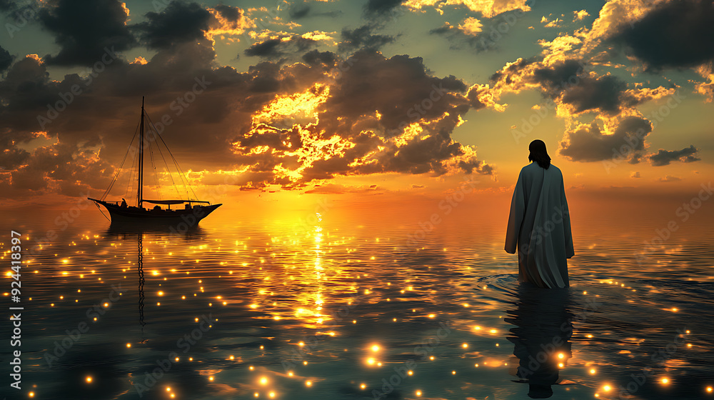 Jesus walking on the water in a beautiful sunset, ahead is a boat ...