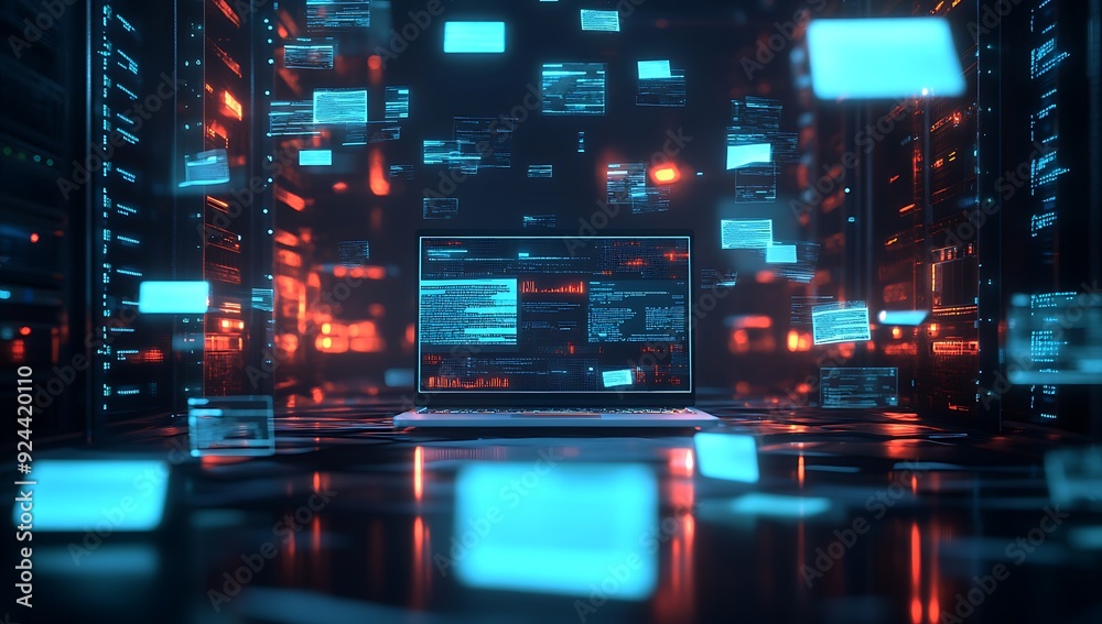 Data center with laptop surrounded by floating documents and web pages ...