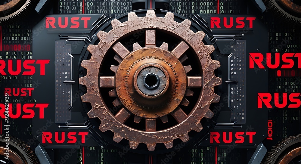 Rust programming language concept with rusty interconnected gears and ... Rust programming language concept with rusty interconnected gears and ...