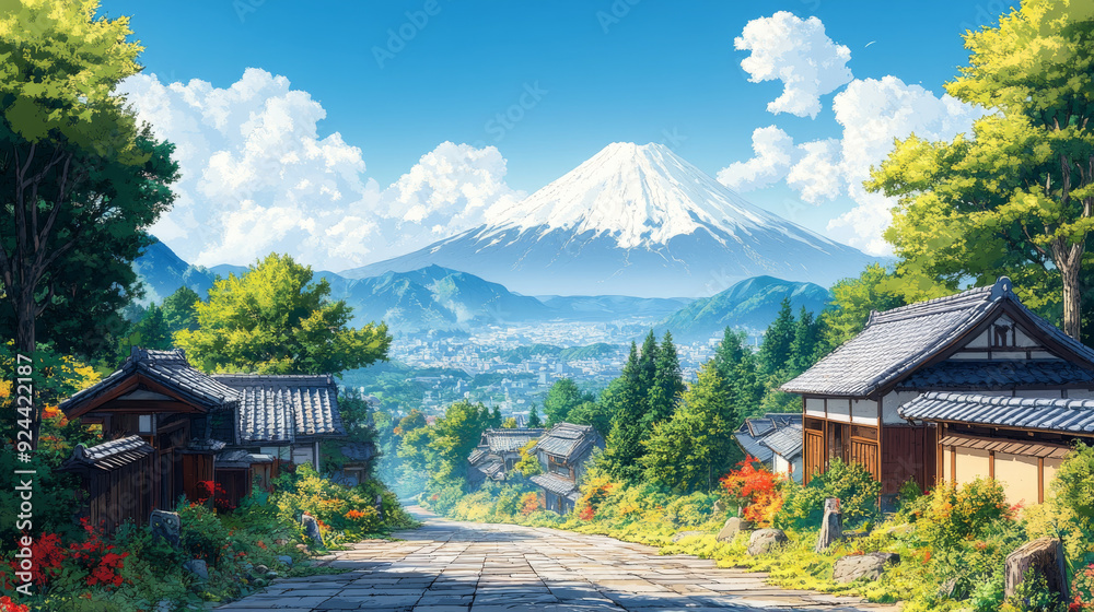 Cartoon illustration background with a Japanese landscape representing ...