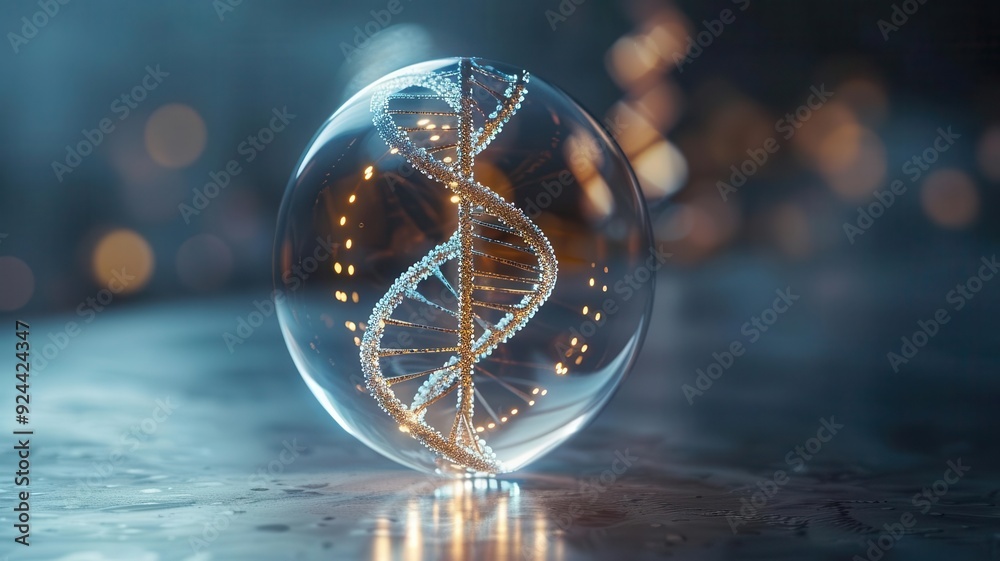 DNA double helix illuminated inside a translucent nucleus, abstract ...