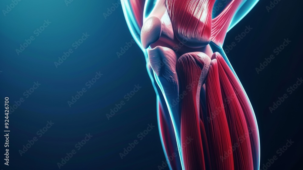 3D illustration of the thigh and calf muscles connected to the knee ...