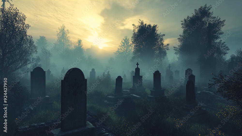 An atmospheric image of a cemetery filled with old tombstones shrouded ...