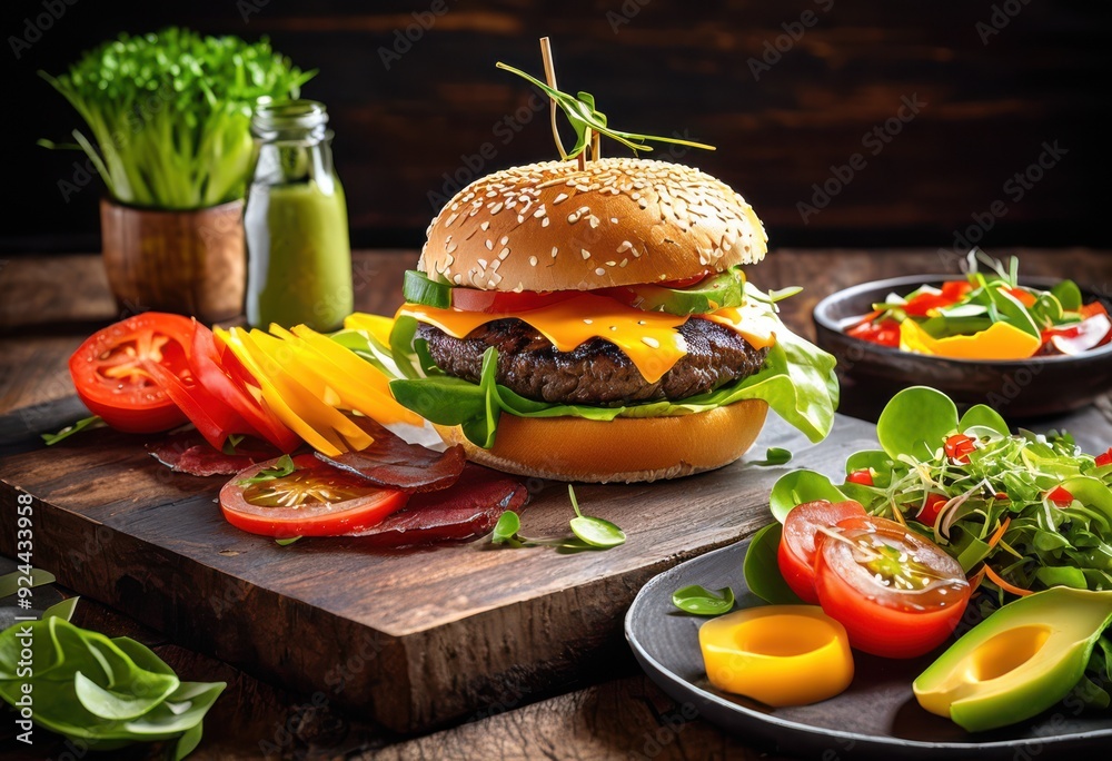 vibrant burger fresh toppings beautifully arranged plate colorful ...
