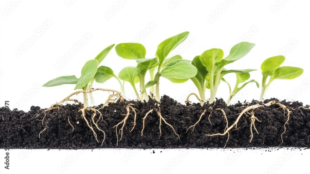 A cross-section view of soil showing a progression of plant growth ...