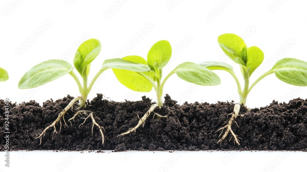 Four stages of plant growth, showing progression from sprouting seed to ...