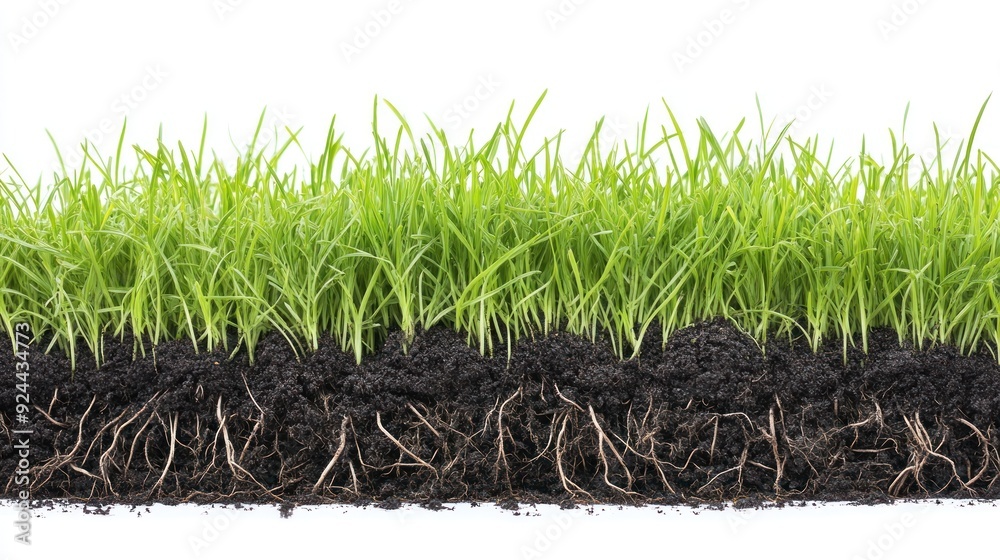 Cross-section of grass with visible roots in the soil, demonstrating ...