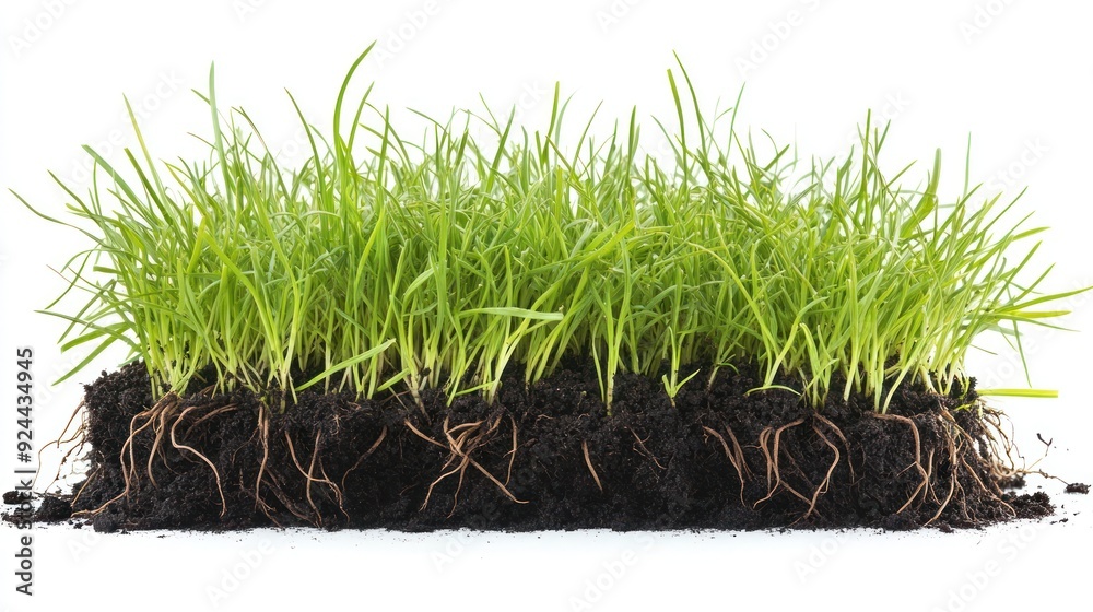 A cross-section of soil showing grass and its root system above a white ...