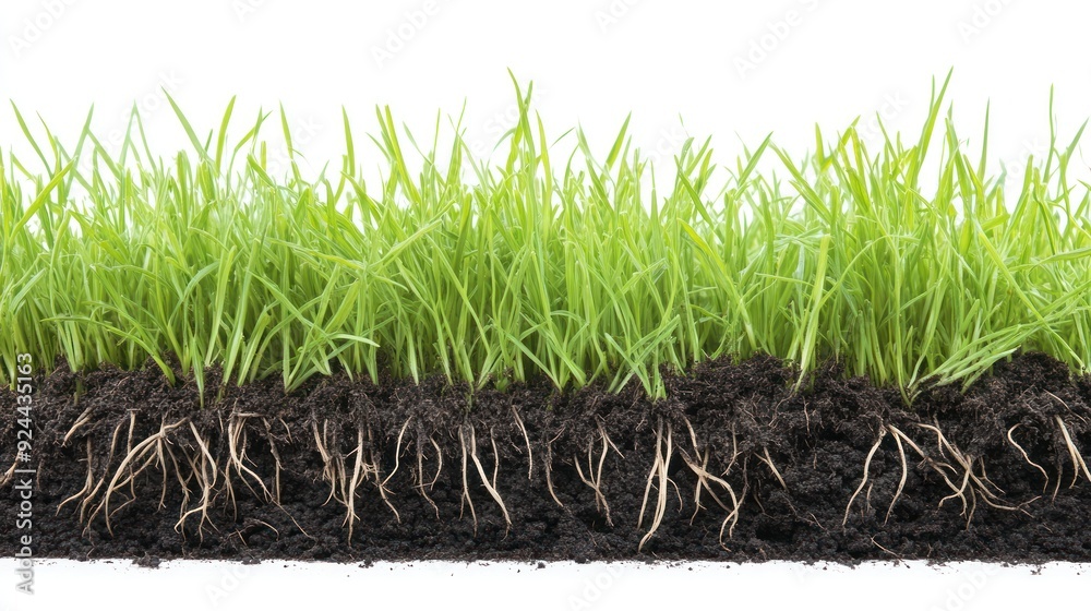 A cross-section view of grass with visible roots extending into the ...