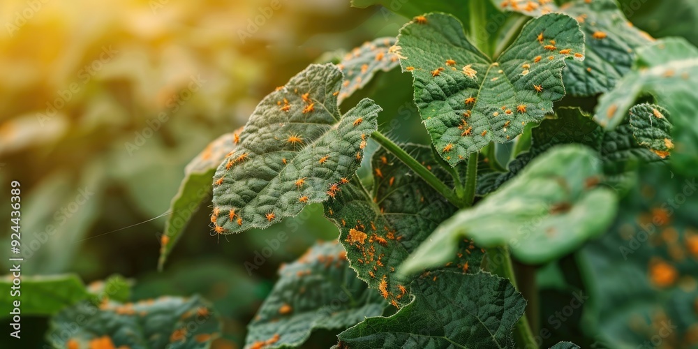 Infestation of red spider mites on cucumber plants causing leaf damage ...