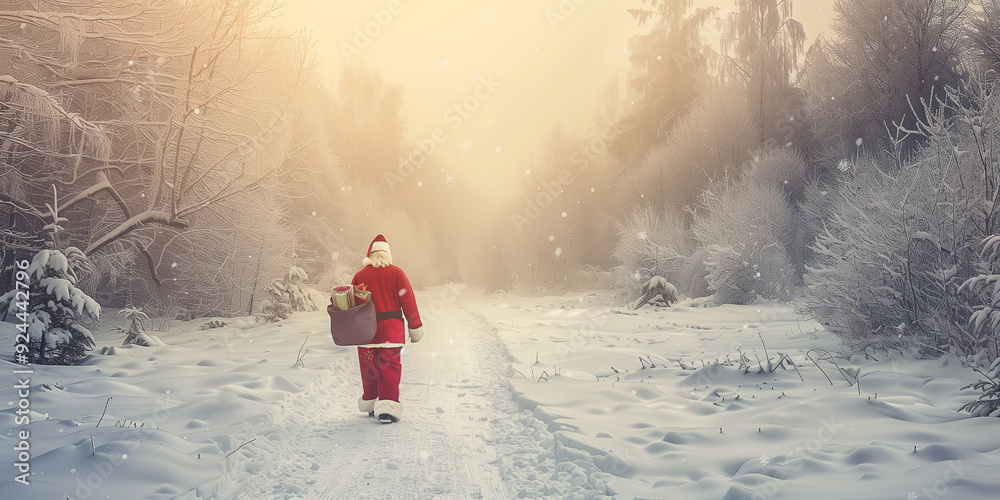 Der Nikolaus läuft in einer Schneelandschaft und bringt in seinem ...