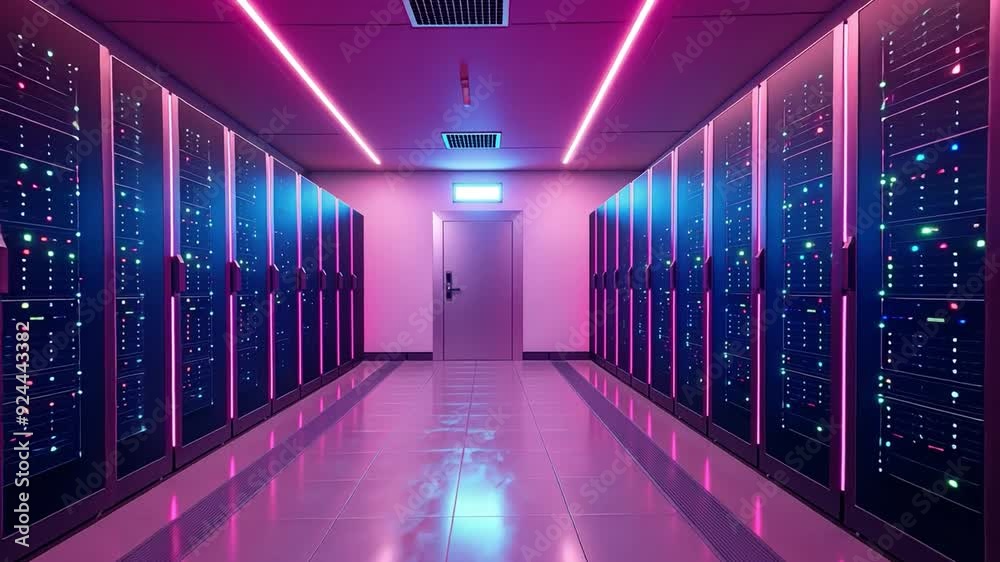 A contemporary server room, a data centre corridor with supercomputer ...
