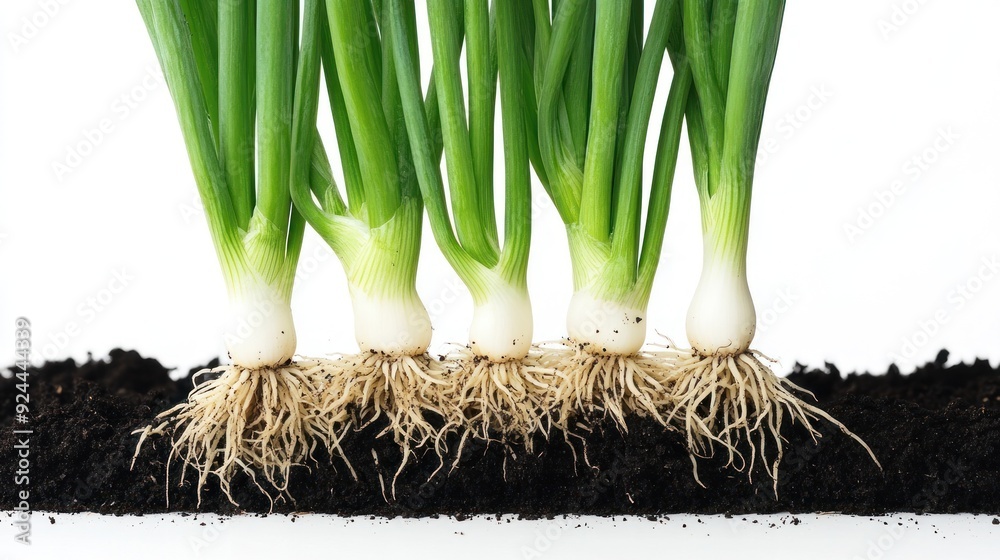 Five green onions with white bulbs planted in soil, showing roots and ...