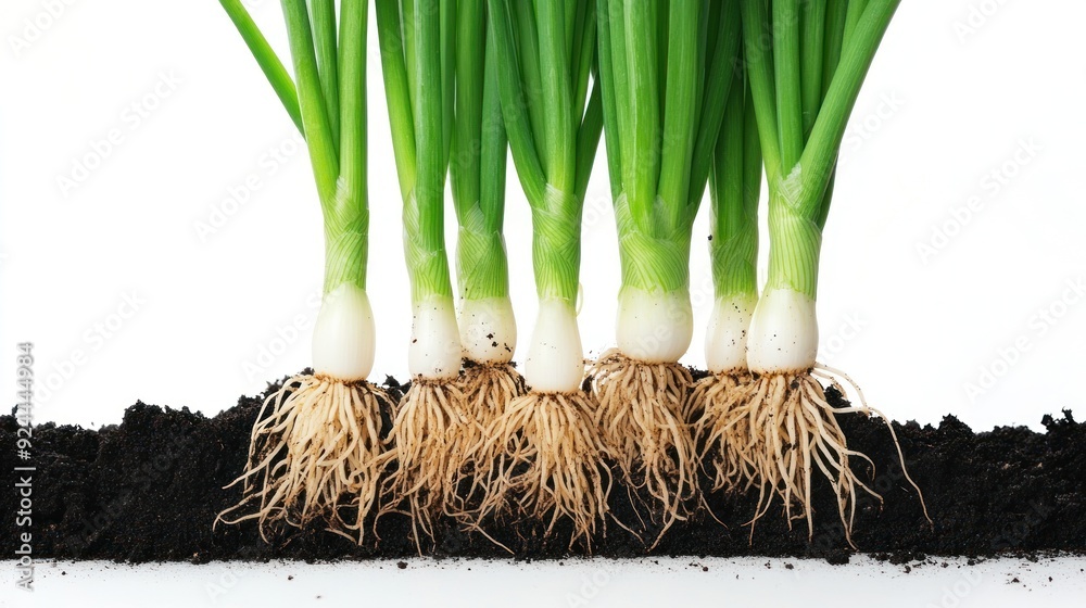 Row of scallions with roots growing in a soil bed against a white ...