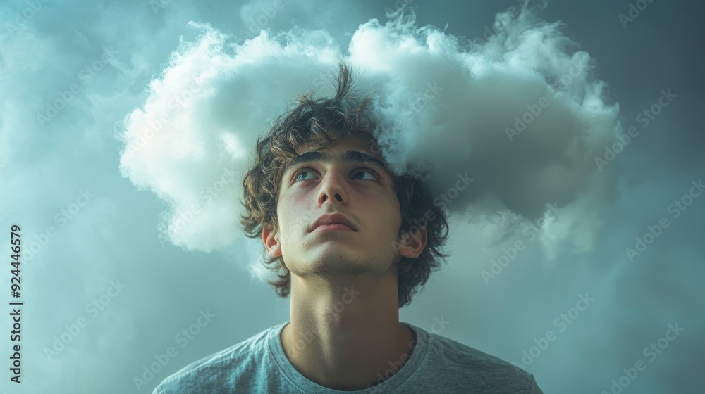 16081216 02 A young man looks upward with a cloud looming over him ...