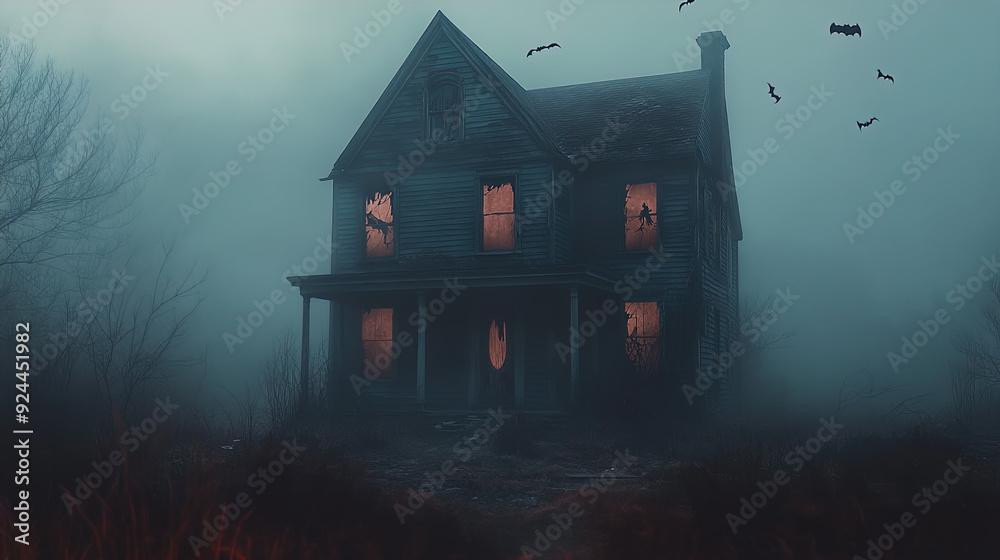 An eerie, dilapidated two-story house stands amid a foggy, desolate ...