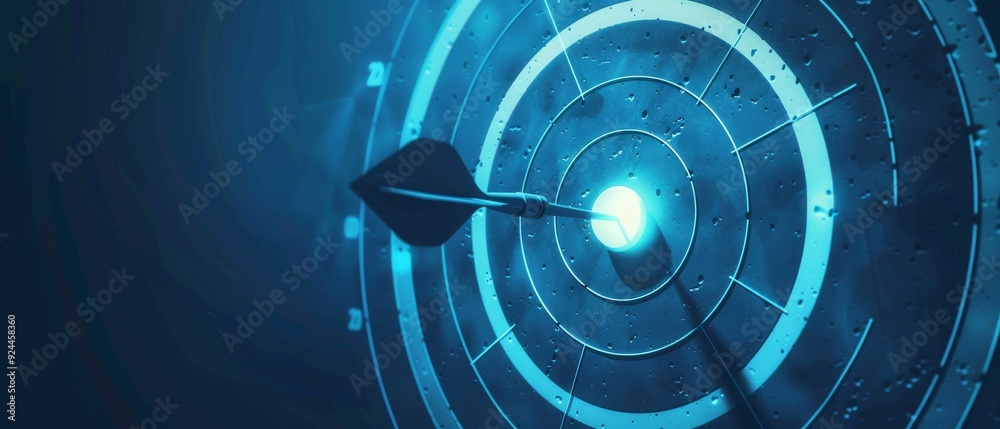 A dart perfectly hits the bullseye of a glowing, futuristic blue target ...