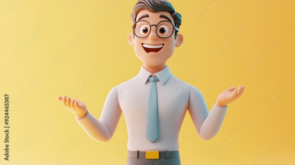 An animated character smiles and gestures with open hands, conveying ...