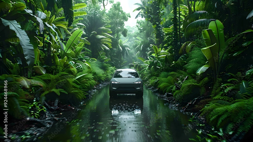 EV in a Rainforest Setting: An electric vehicle driving through a dense ...