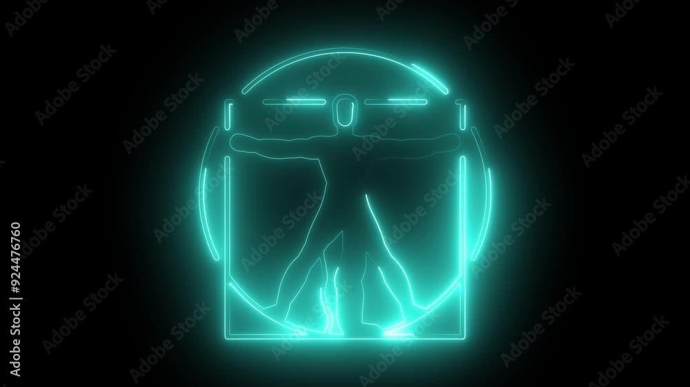 Neon Vitruvian Man, Blue Glowing Human Proportions, Futuristic Leonardo ...