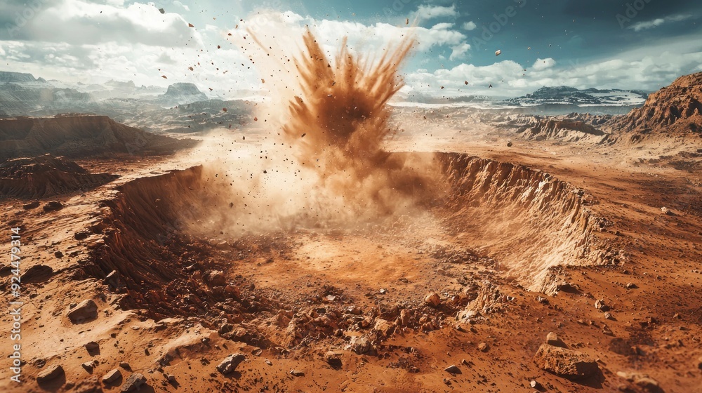 Asteroid impact in a vast desert landscape, creating an intense ...