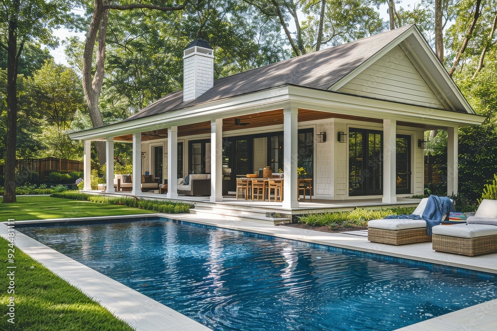 Simple pool house with outdoor dining area, large swimming pool, and ...