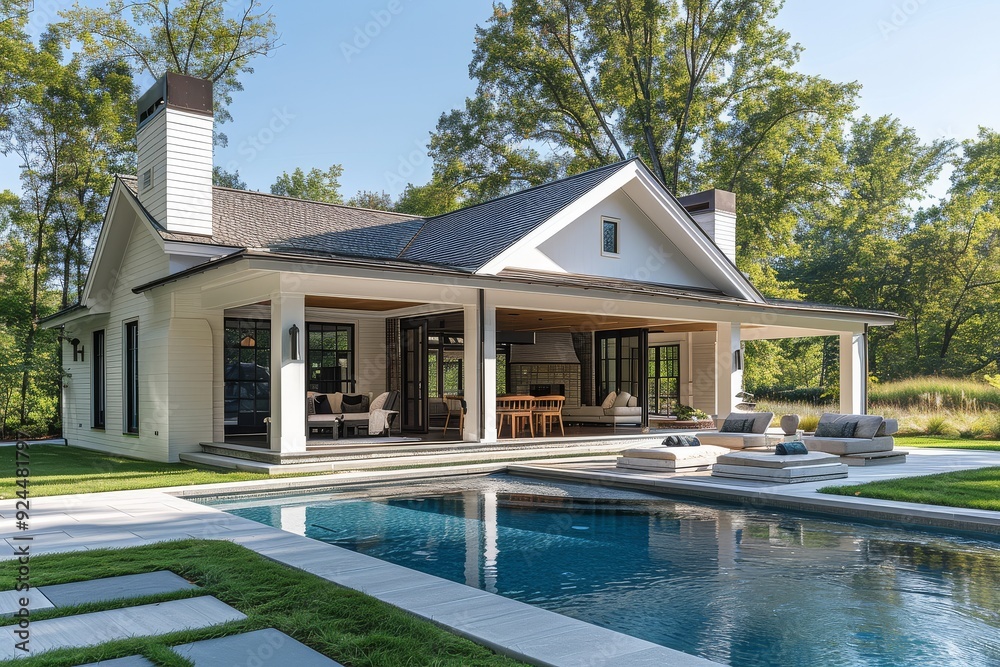 Simple pool house with outdoor dining area, large swimming pool, and ...