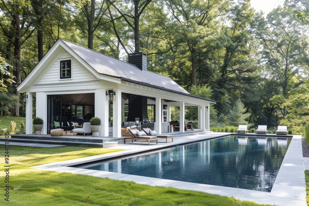 Simple pool house with outdoor dining area, large swimming pool, and ...