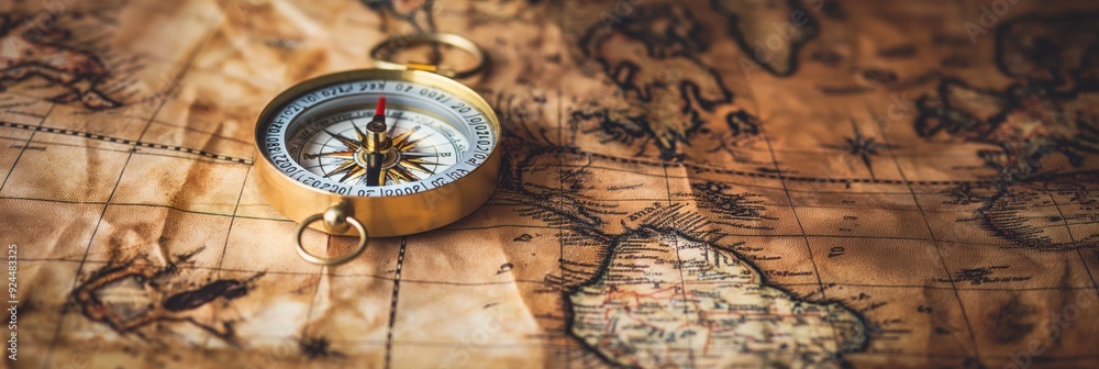 An antique brass compass placed on a detailed vintage world map showing ...
