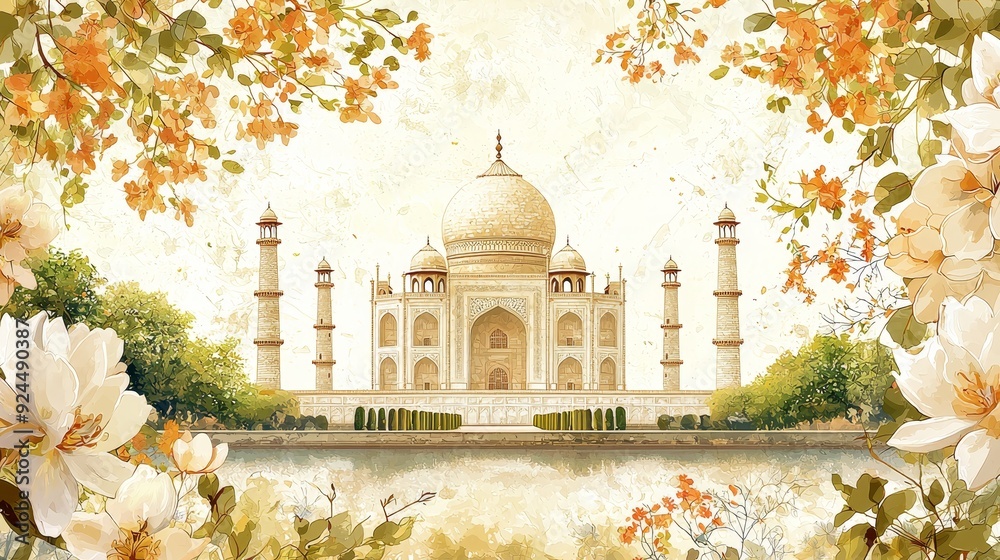 Taj Mahal watercolor with autumn leaves and flowers framing the iconic ...