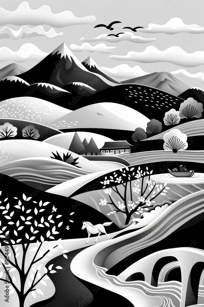 Black and white line art papercut illustration of landscape, featuring ...