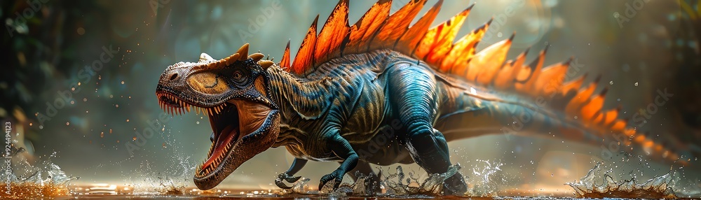 Spinosaurus with a vibrant orange sail, roaring with its mouth open ...