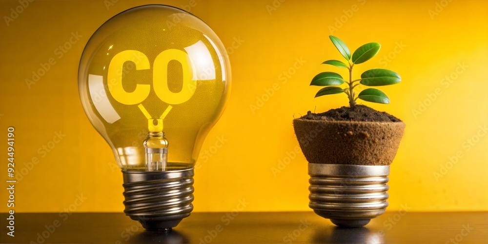 Light bulb with reduce CO2 emissions carbon symbol on green background ...