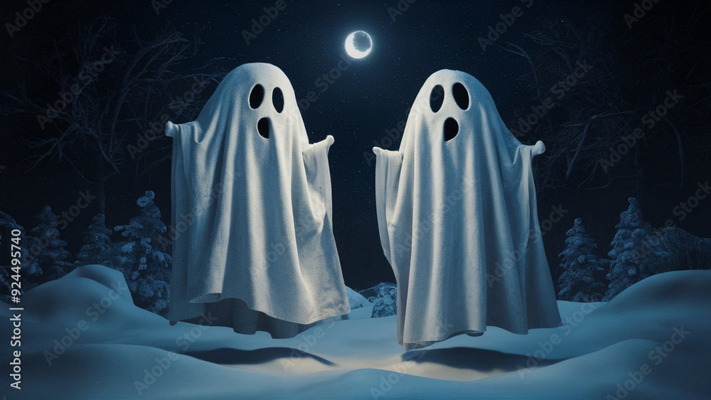 A whimsical and eerie Halloween scene featuring a group of friendly ...