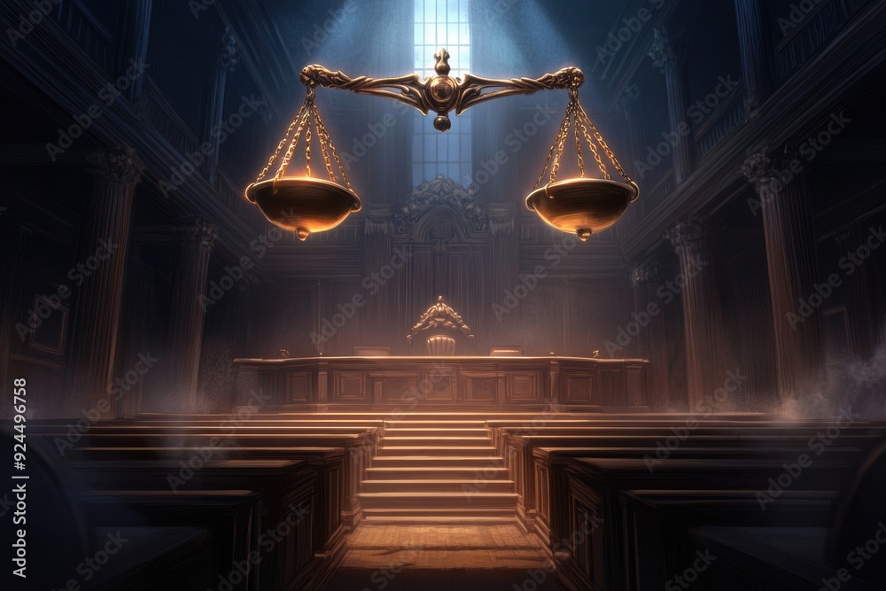 In a courtroom scene, the judge’s bench is replaced by scales of ...