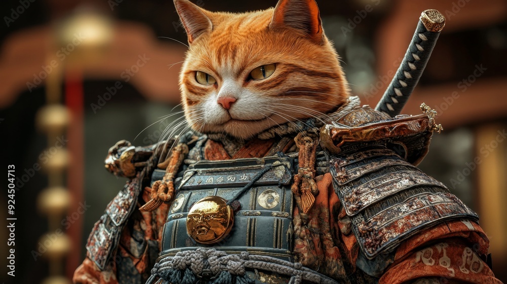 Orange fat samurai cat with a proud posture and detailed armor, eyes ...