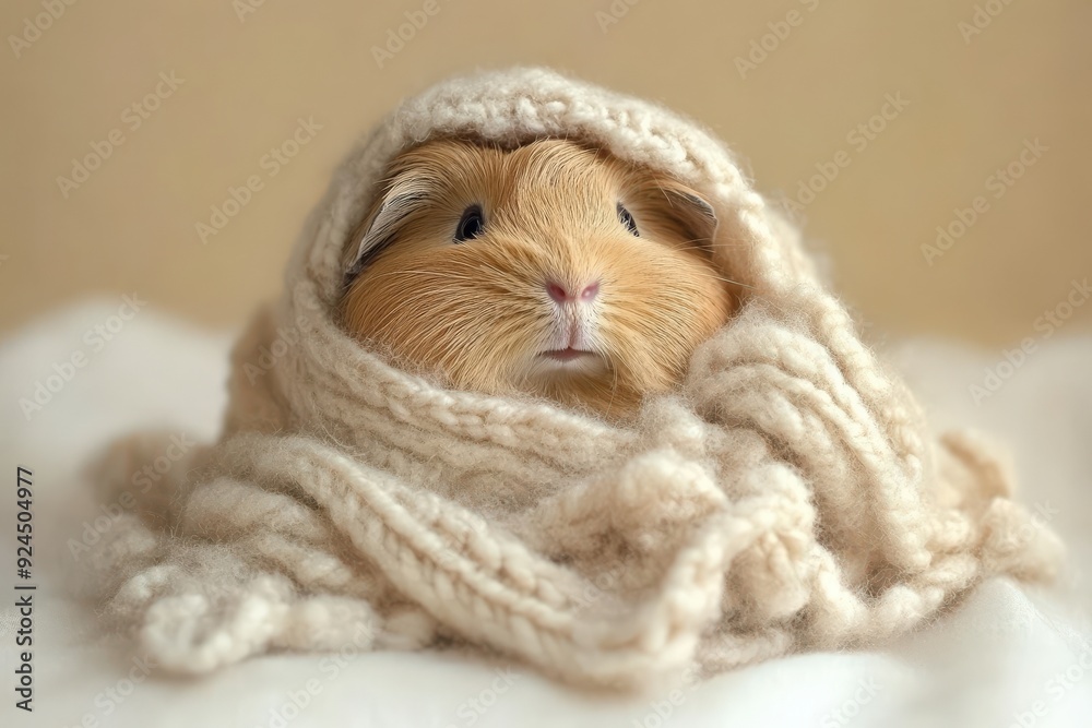 A sweet guinea pig is wrapped snugly in a soft scarf, sitting quietly ...