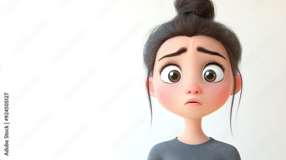 Bewildered little cartoon girl with a bun hairstyle in a tech shirt ...