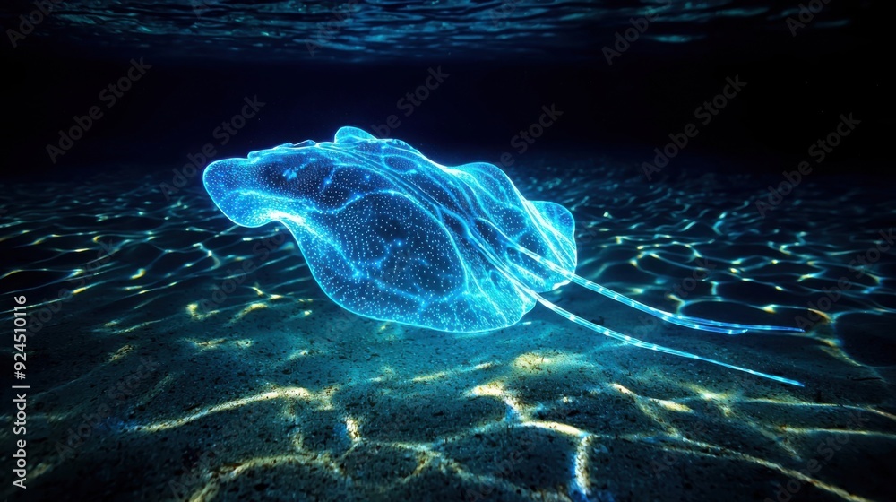 A bioluminescent bluejay stingray hovering just above the ocean floor ...