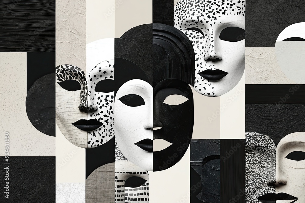 Diverse Abstract Black and White Face Collage with Masks Textures and ...